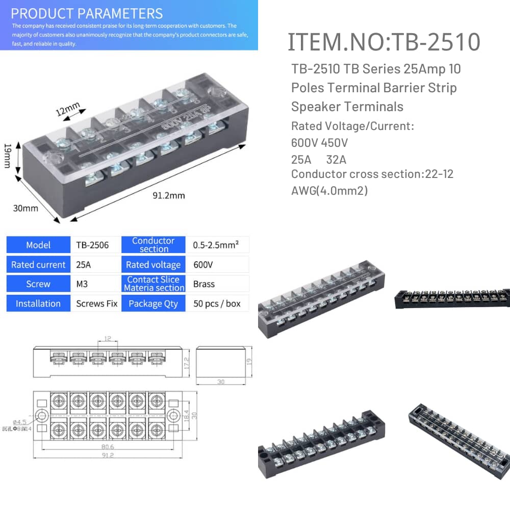 TB-2510 TB Series 25Amp 10 Poles Terminal Barrier Strip Speaker Terminals - Tai-Ding Electric